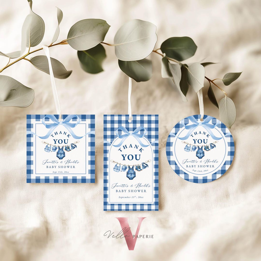 Blue Jeans Baby Shower Favor Tag | Blue Gingham Girl Boy Baby Party ...