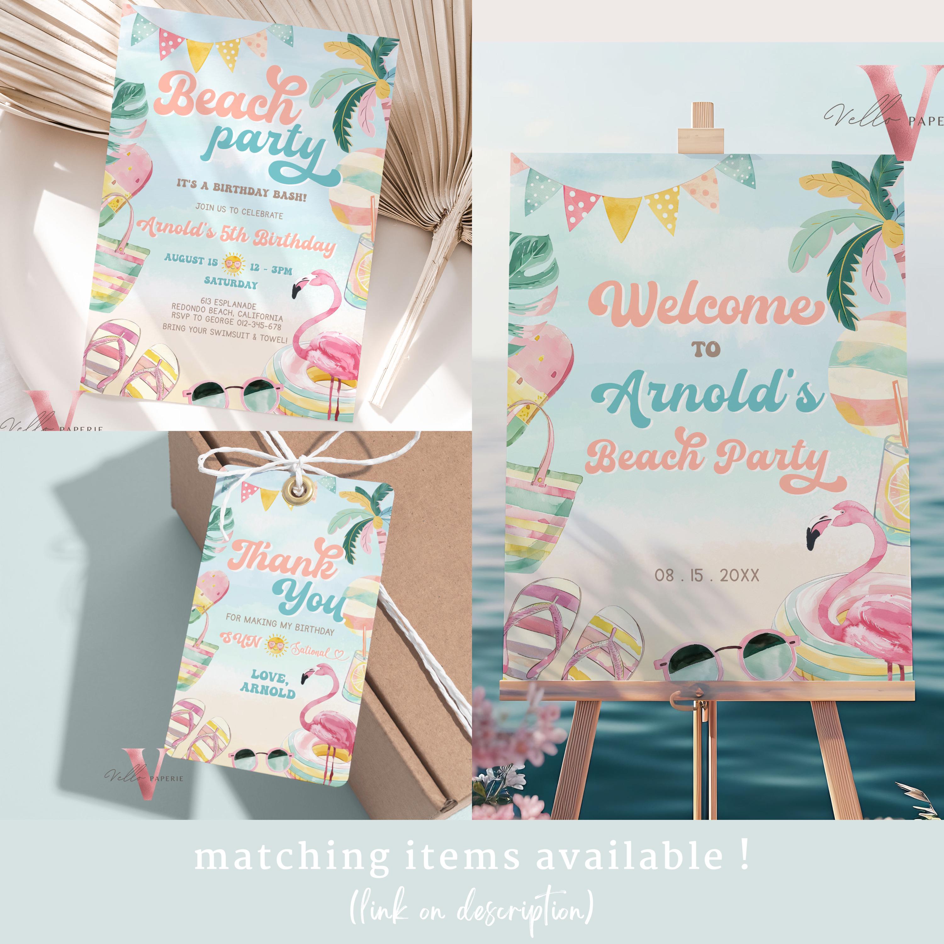 Editable Beach Birthday Party Thankyou Card | Watercolor Summer Party ...