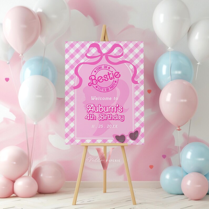 Editable bestie Glam Pink Fashion Doll Birthday Welcome Sign Cute ...