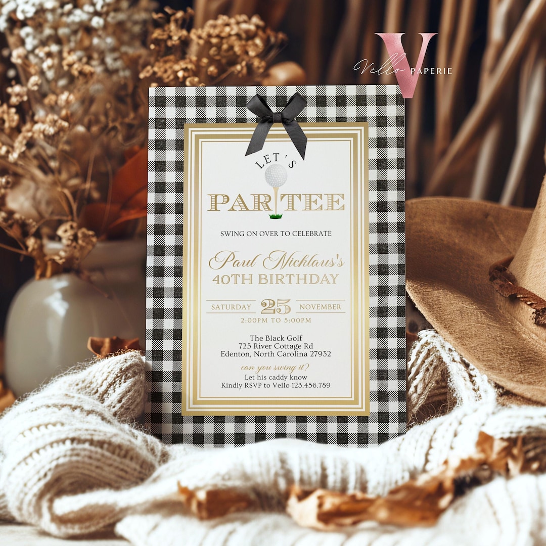 Editable Let's Par-tee Birthday Invitation | Black White and Gold Golf ...