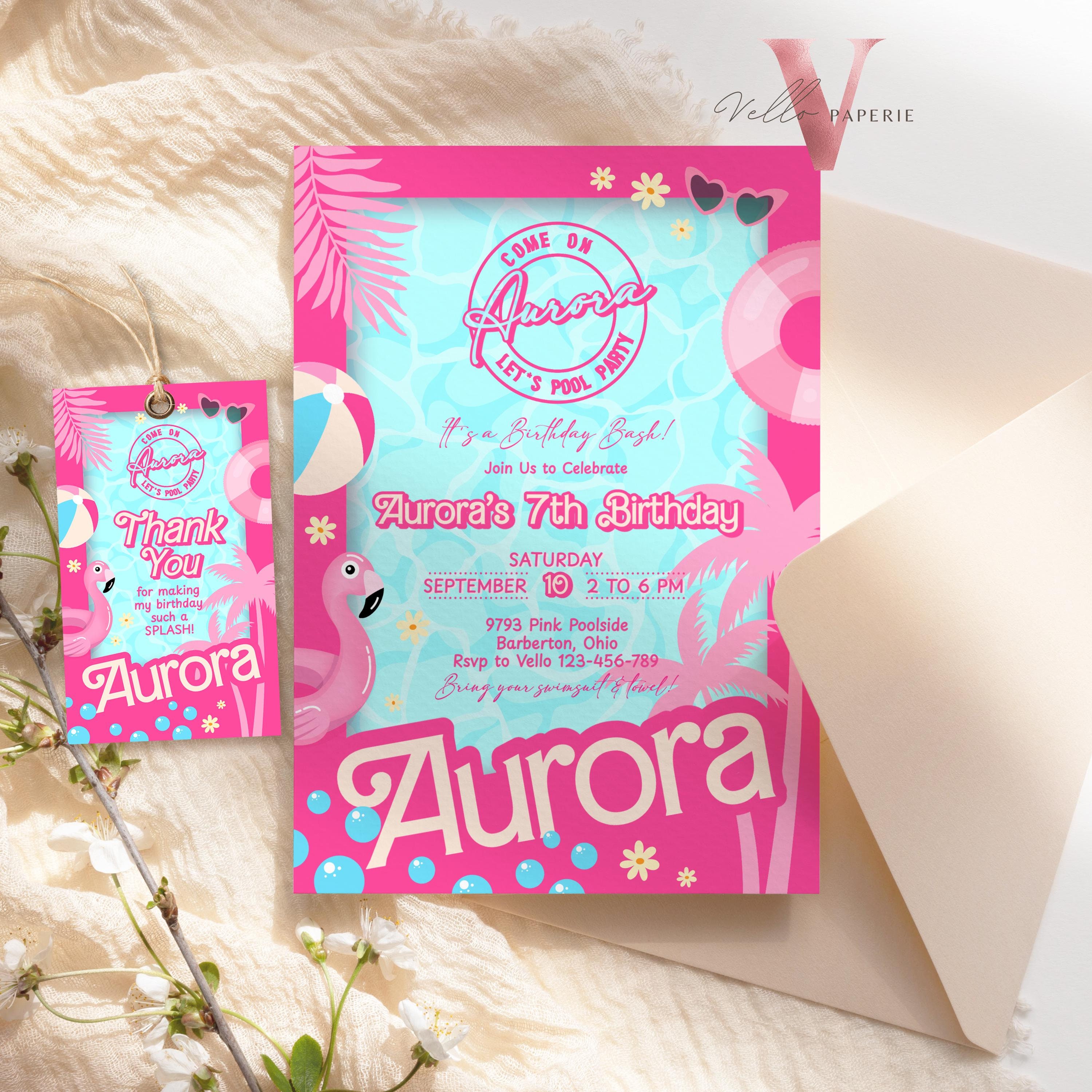 Self Editable Pink Doll Pool Birthday Invitation Summer Pink Blue Pool ...