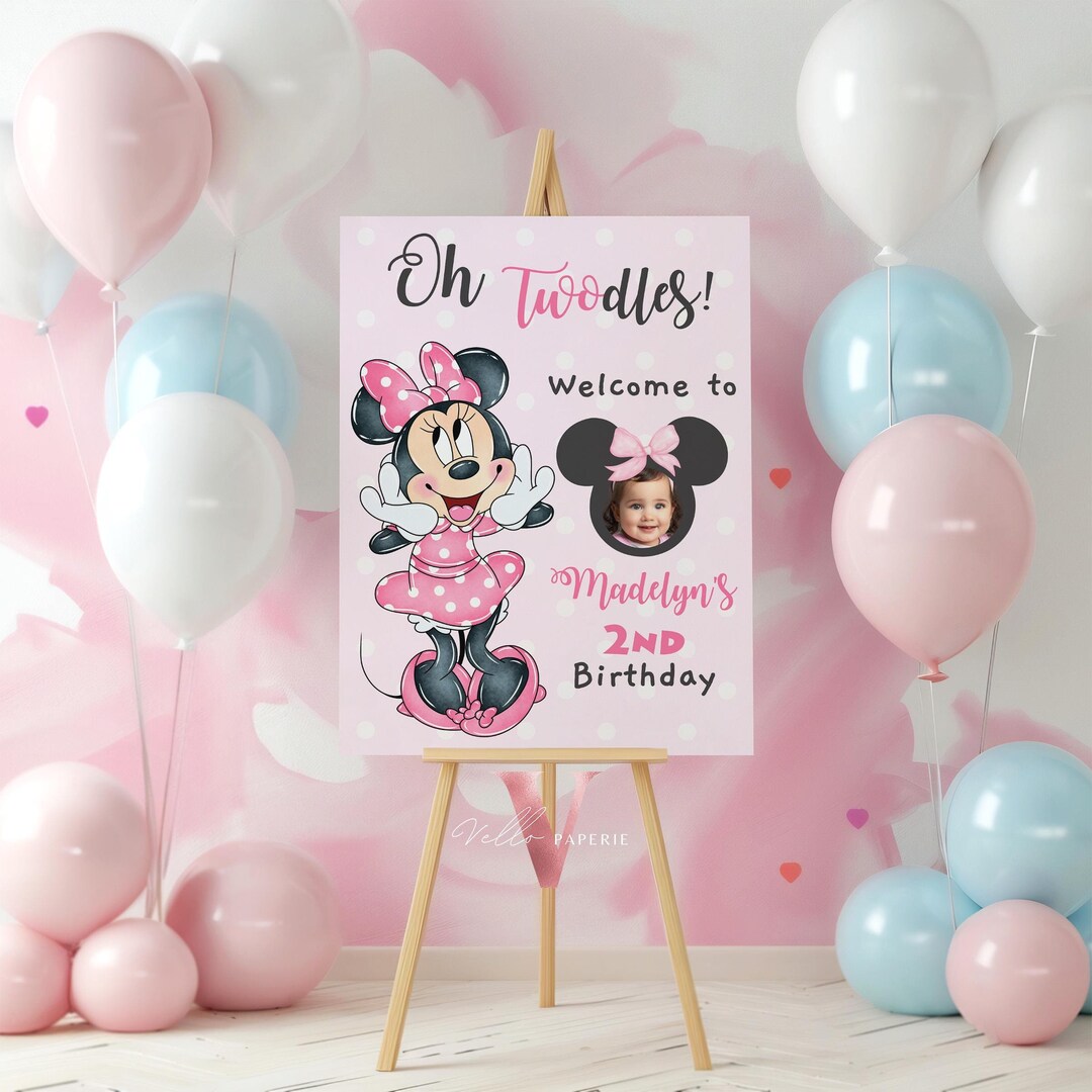 Editable Photo Minnie Mouse Oh Twodles Welcome Sign | Light Pink ...