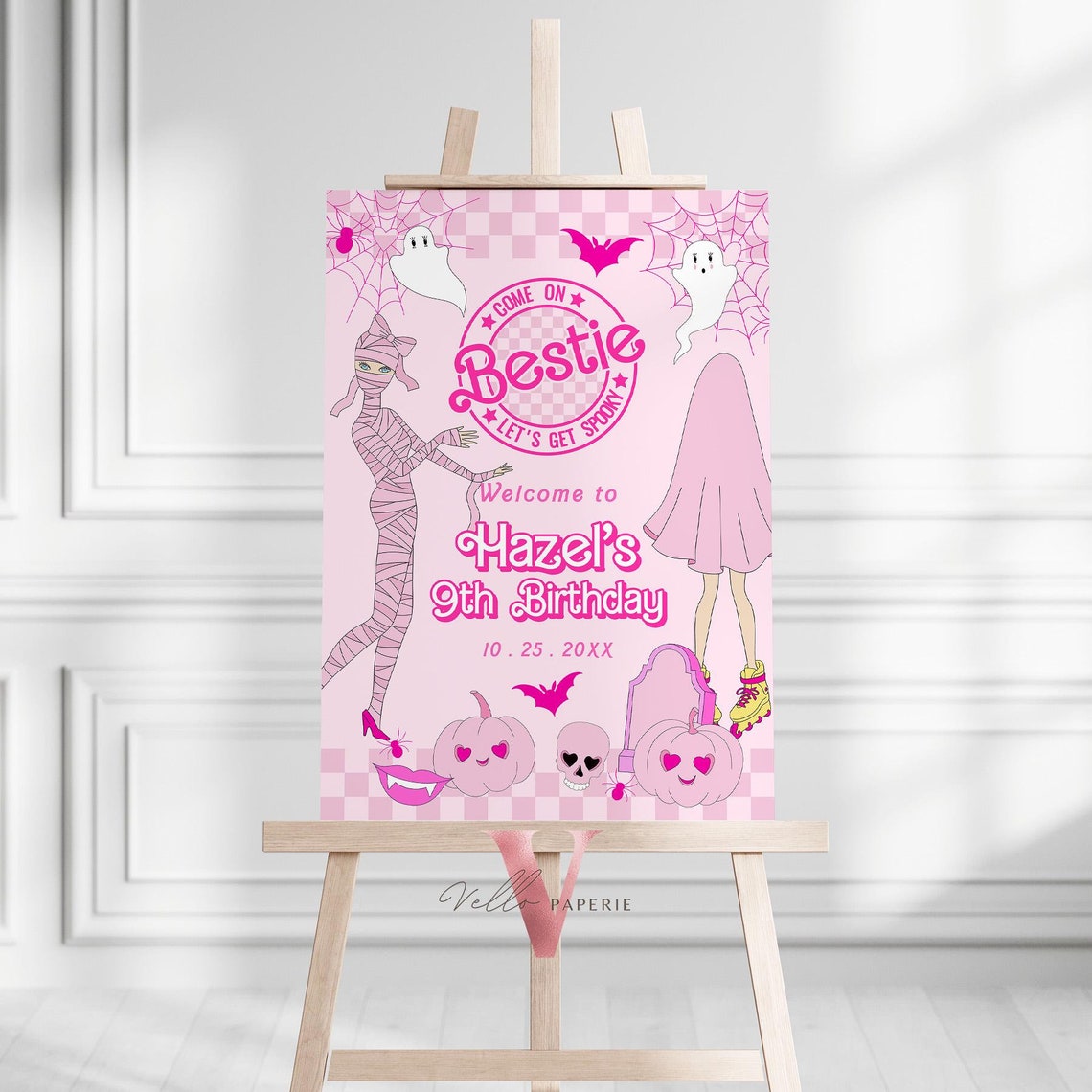 Editable bestie Spooky Pink Doll Halloween Birthday Welcome Sign Cute ...