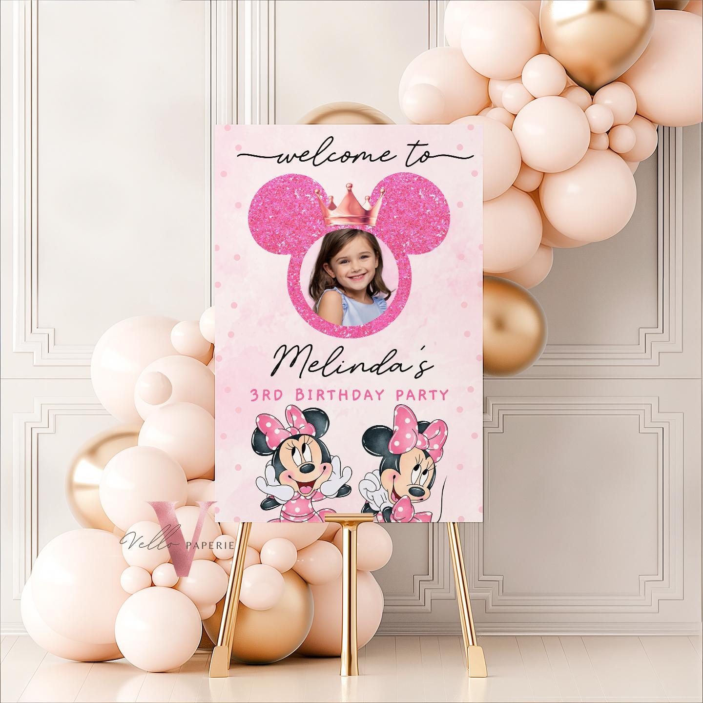 Editable Minnie Mouse Birthday Welcome Sign With Photo | Pink Polkadot ...