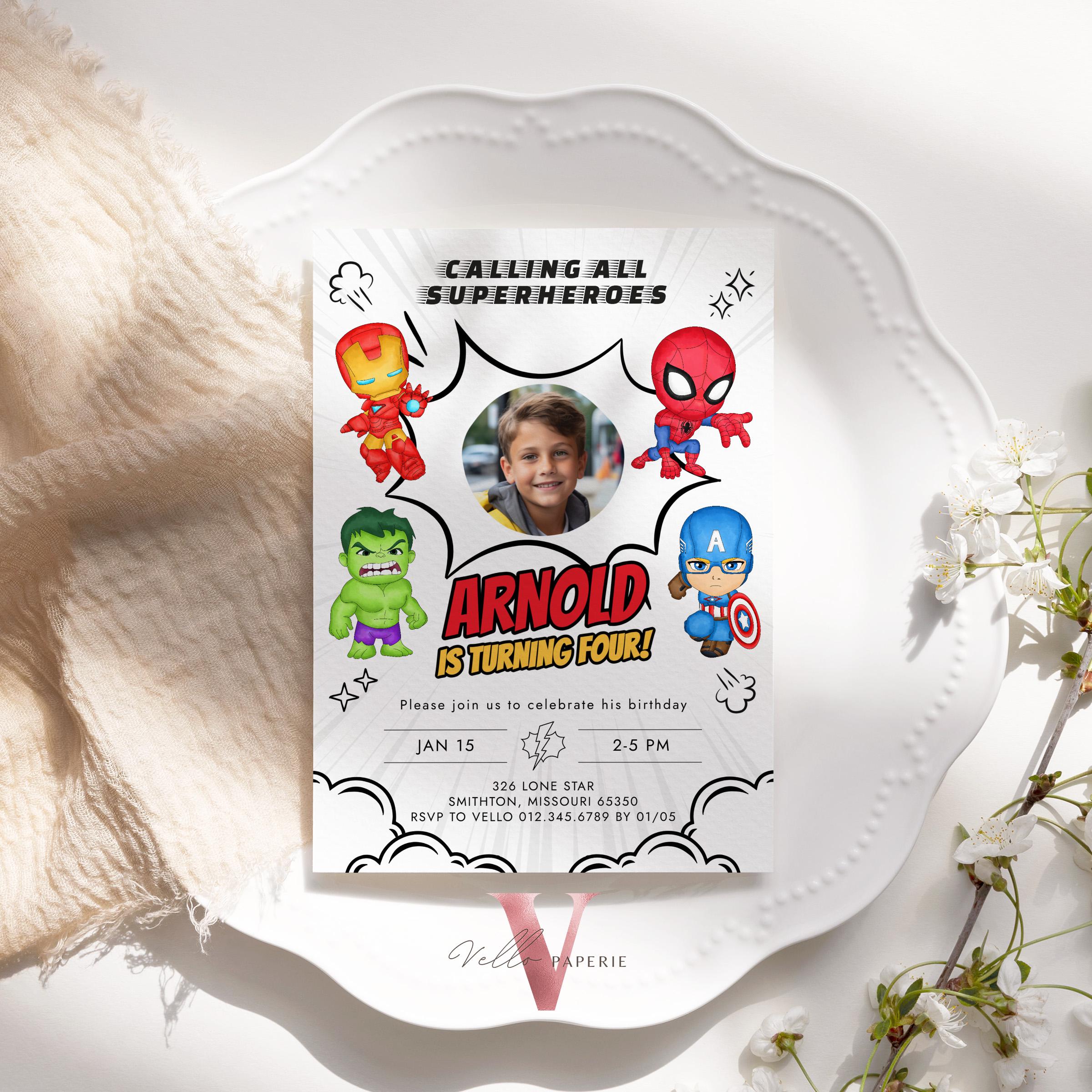 Calling All Superheroes PHOTO Birthday Invitation | Watercolor Avengers ...