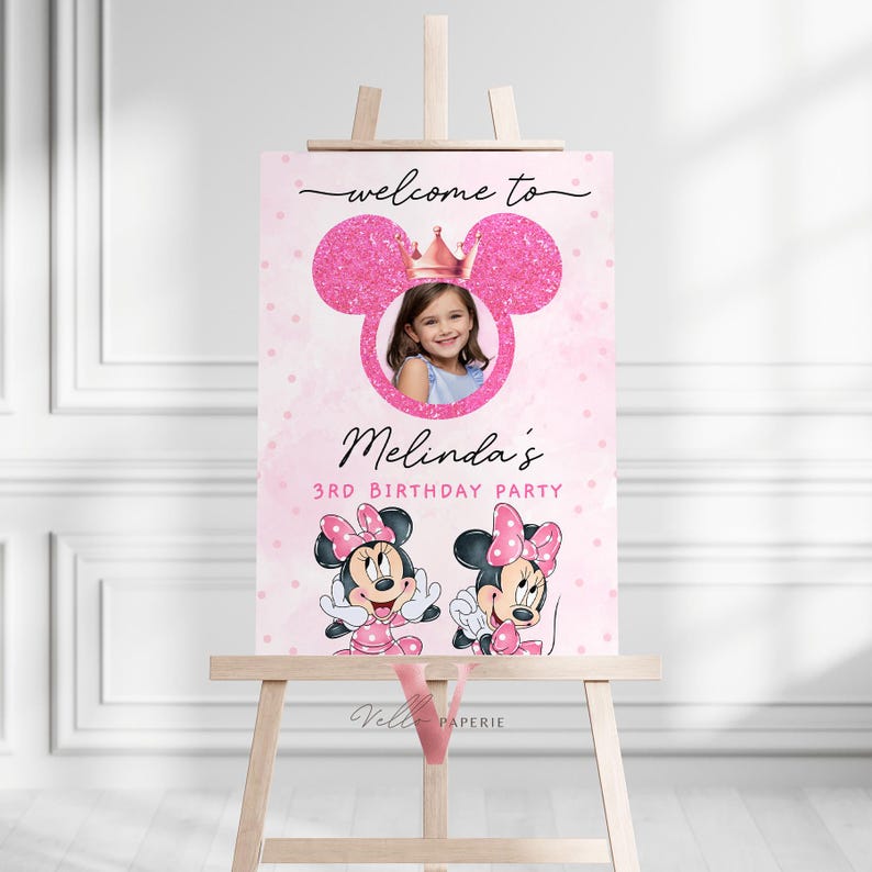 Editable Minnie Mouse Birthday Welcome Sign With Photo | Pink Polkadot ...