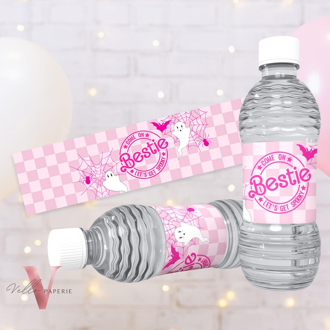Editable bestie Spooky Pink Doll Halloween Water Bottle Label Cute Pink ...