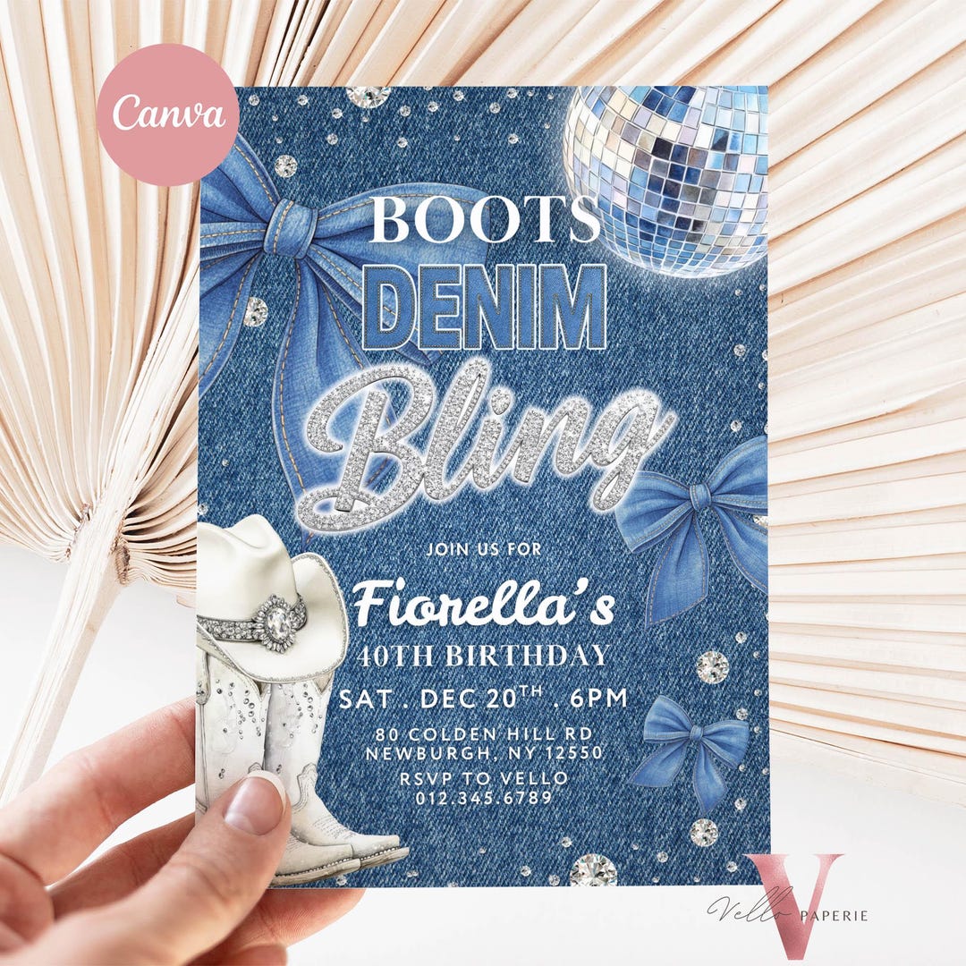 Editable "age" Boots Denim Bling Diamond Birthday Invitation | Jeans ...