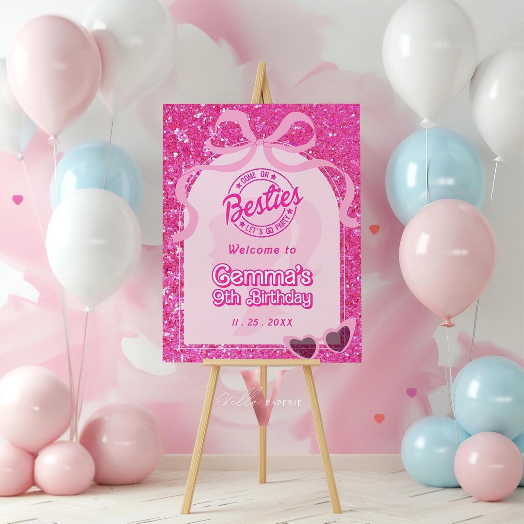 Editable besties Glam Pink Fashion Doll Birthday Welcome Sign Cute ...
