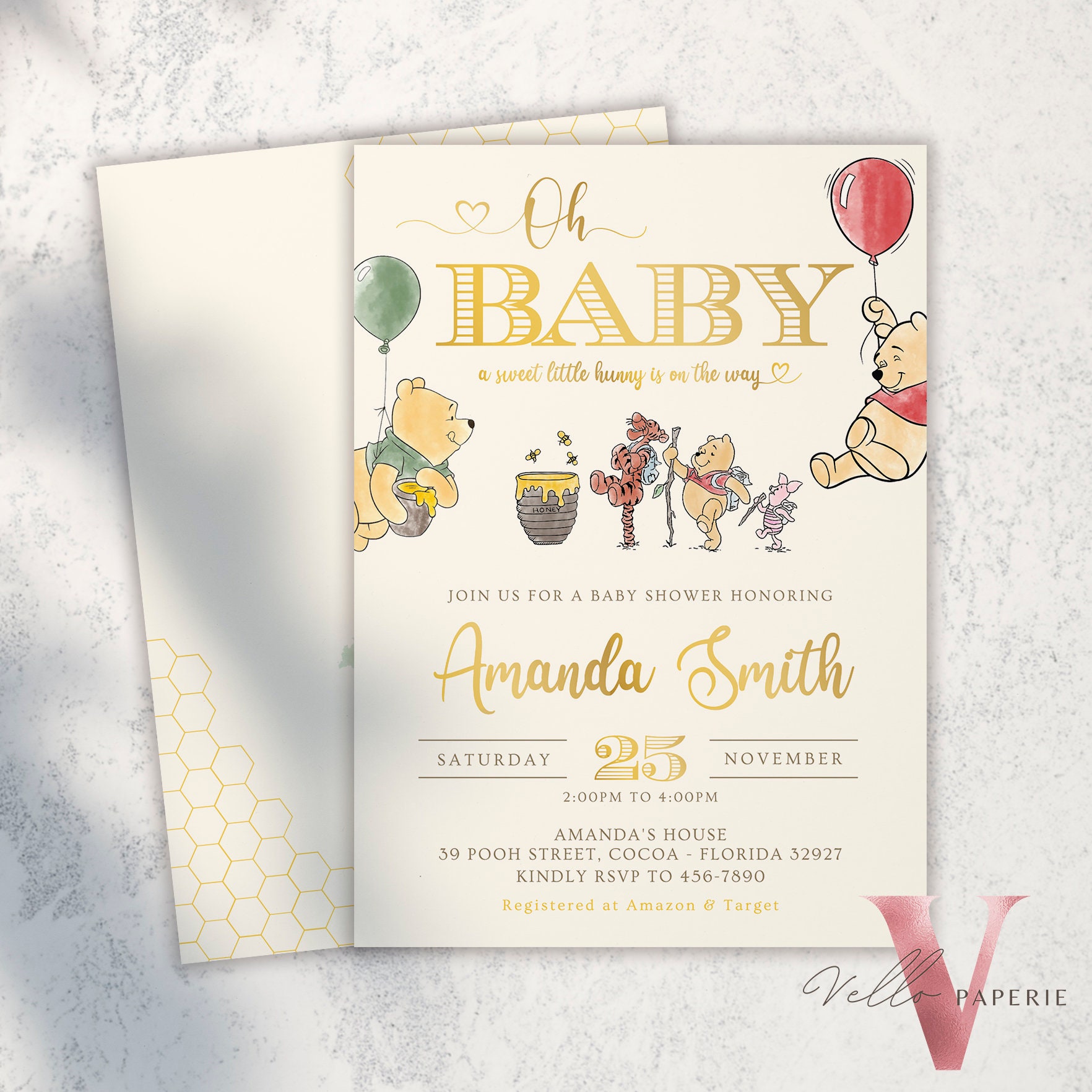 Winnie the Pooh Baby Shower Invitation | Editable Printable Beige Gold ...