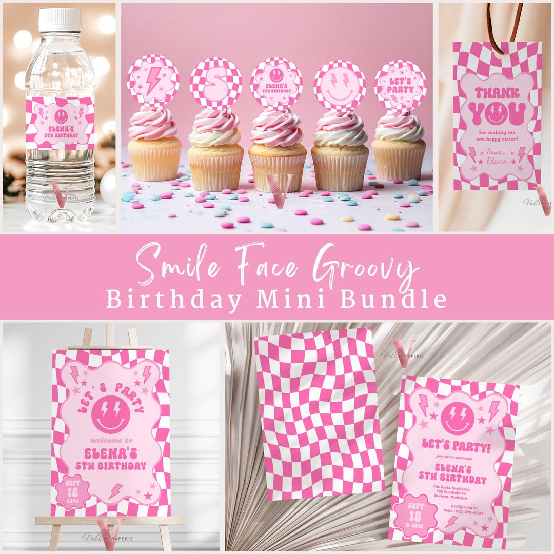 Pink Smile Face Groovy Birthday Bundle | Editable Retro Happy Face ...