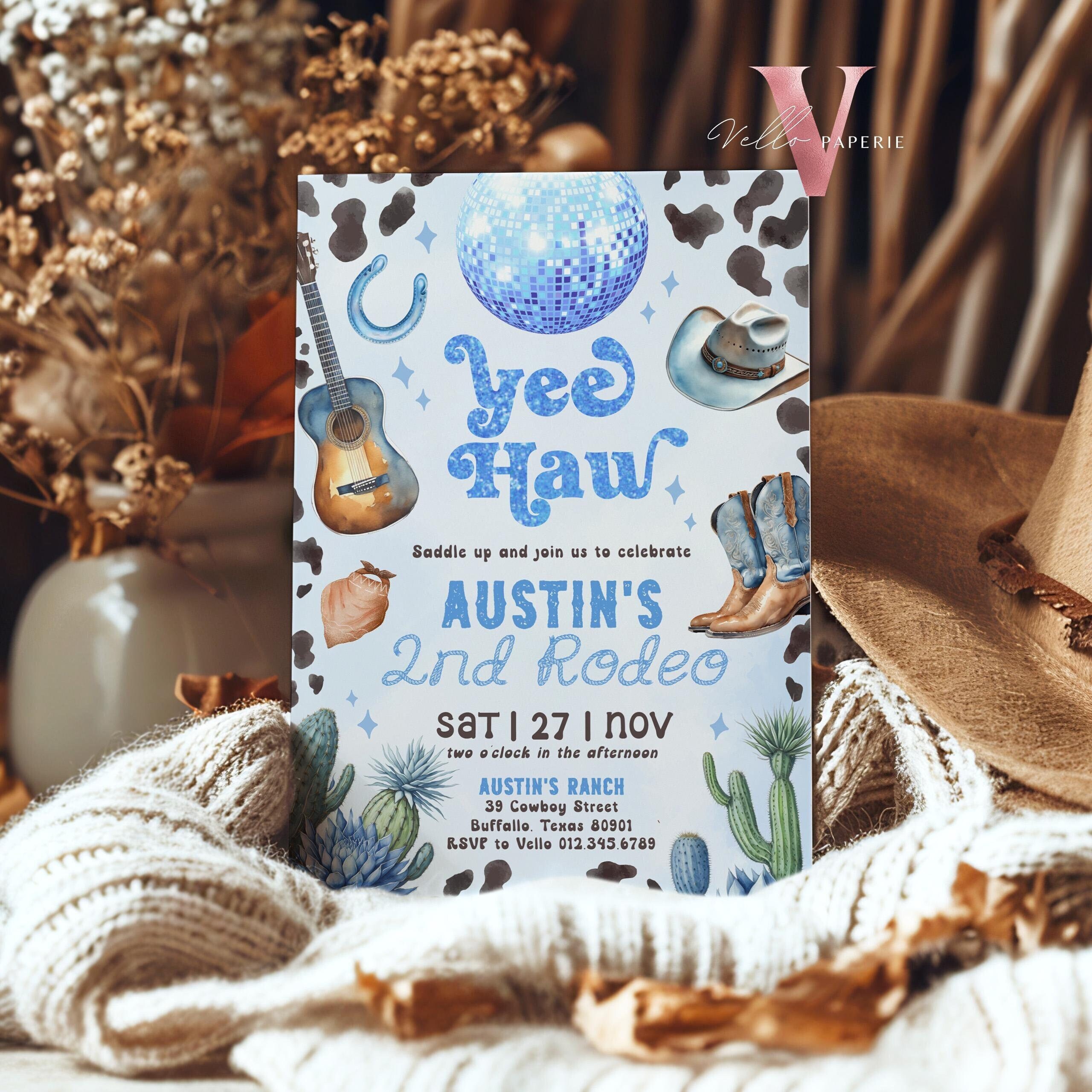 Editable Any AGE Space Cowboy Birthday Invitation | Blue Disco Cowboy ...