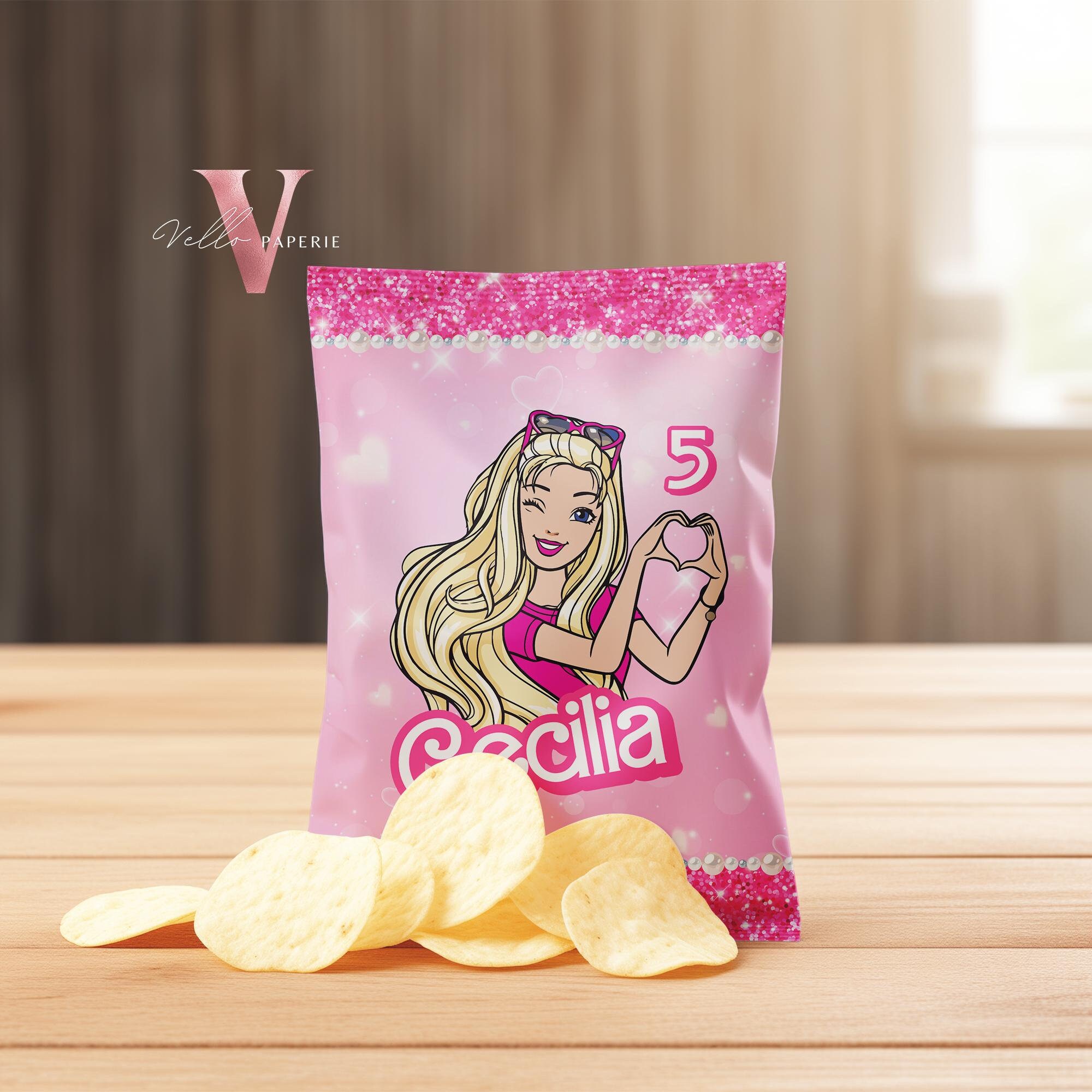 Cute Sparkle Pink Doll Birthday Chips Bag Cute Cartoon Hot Pink Party ...