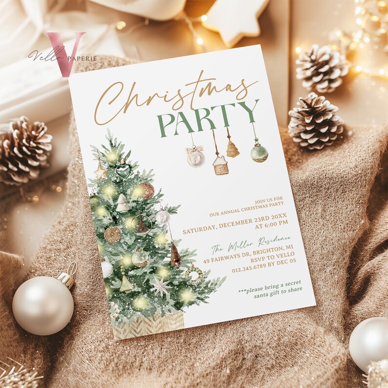 Editable Neutral Christmas Party Invite Modern Boho Gold Green ...