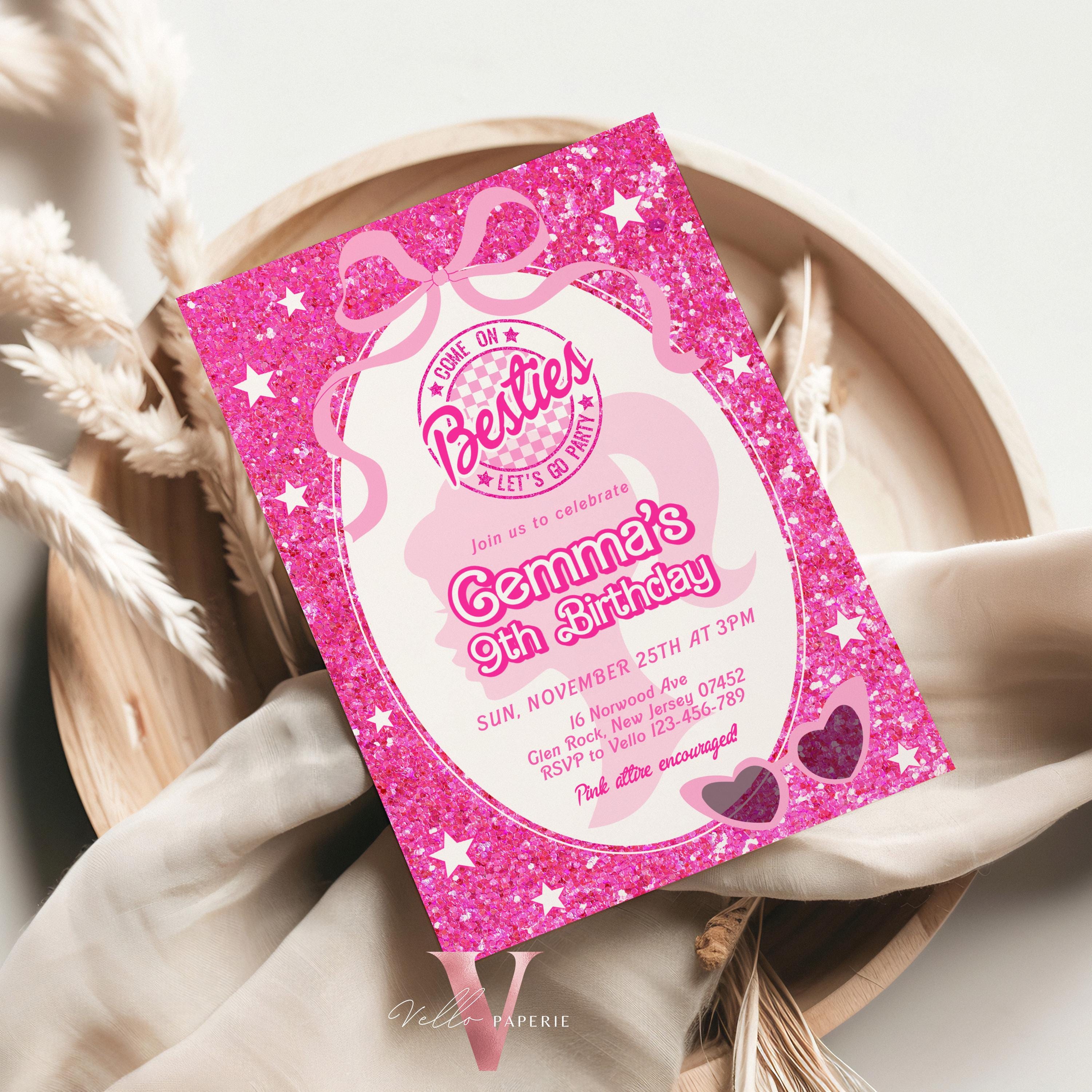 Editable Fashion Pink Doll Sparkle Birthday Invitation Pink Doll ...