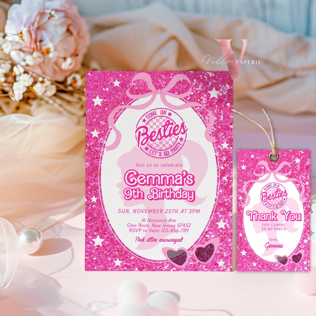 Editable Fashion Pink Doll Sparkle Birthday Invitation Pink Doll ...