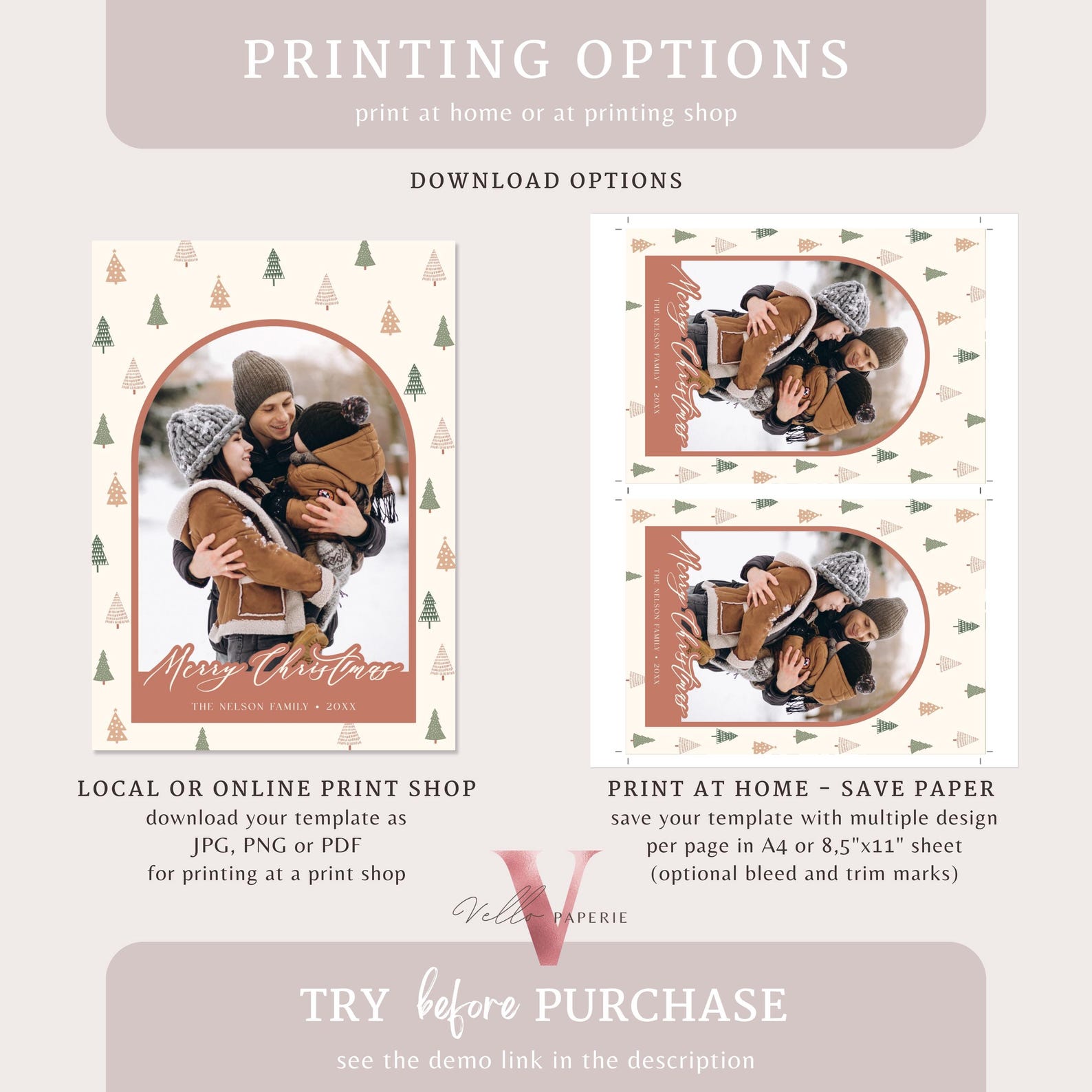 Printable Boho Photo Christmas 3 Card Template | Modern Bohemian Winter ...