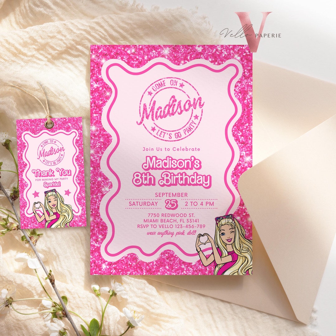 Wave Pink Sparkle Fashion Doll Cartoon Birthday Invitation, Pink Doll ...