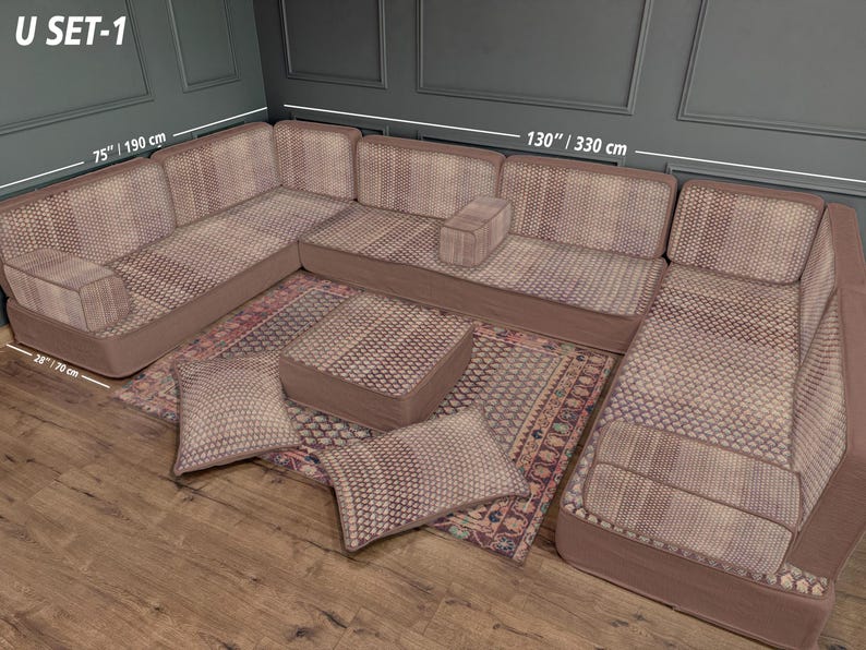 Neutral Beige Floor Sofa Set, Minimal Pattern Corner Lounge Seating, L ...