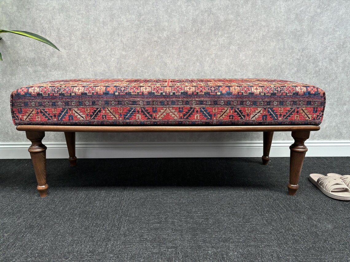 Ottoman Bench, Turkish Rug Design, Wooden Bench, End of Bed Bench ...