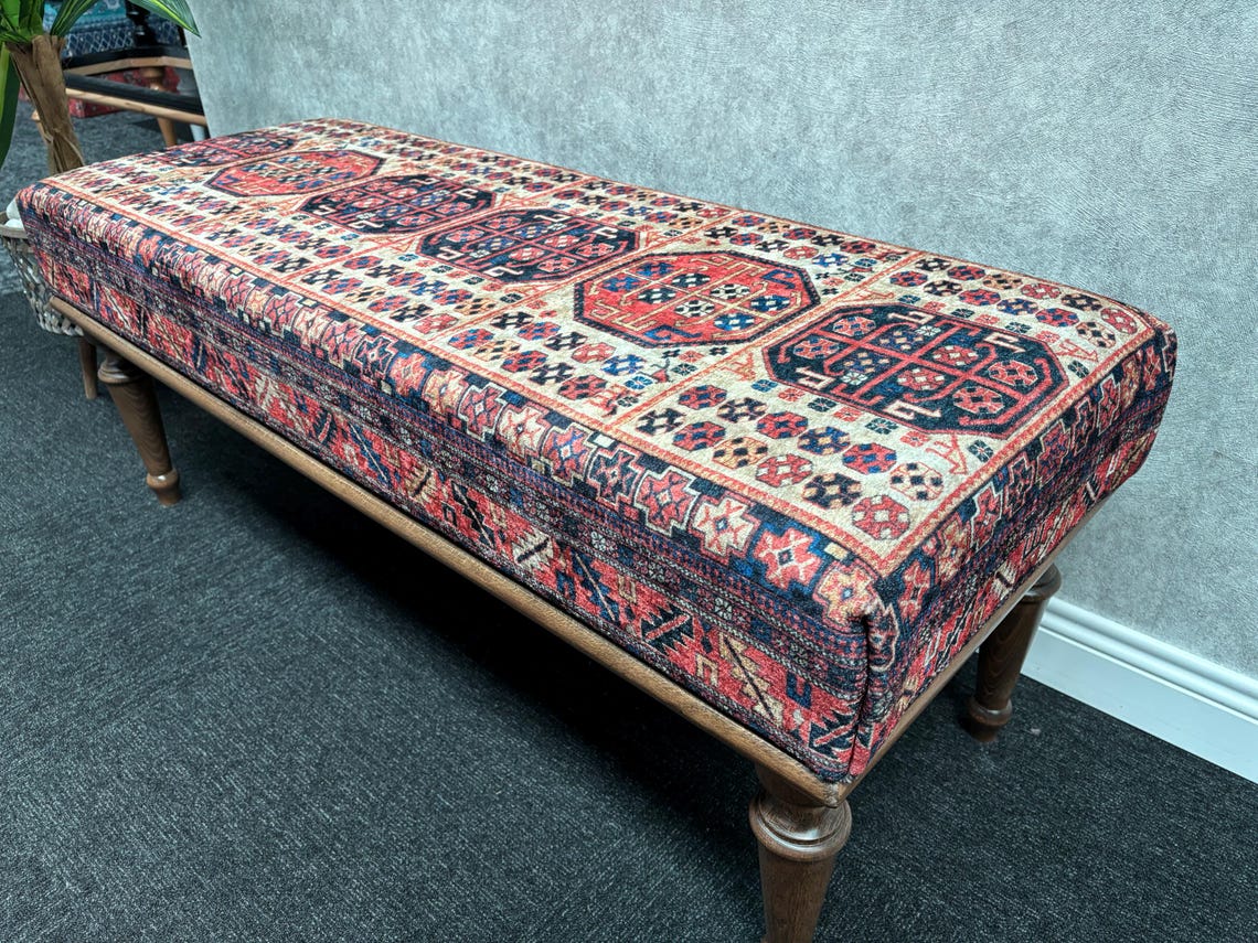 Ottoman Bench, Turkish Rug Design, Wooden Bench, End of Bed Bench ...