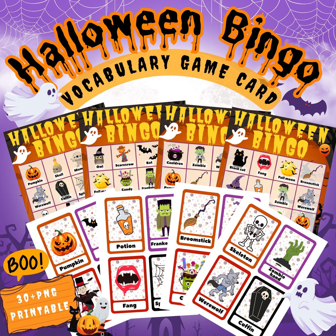 Halloween Bingo Vocabulary Game Card Digital File 300 DPI| 30+ PNG ...