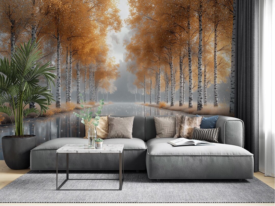 Birch Tree Wallpaper Mural – Autumn Forest Wall Art, Golden Foliage ...