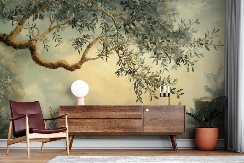 Olive Tree Wallpaper Mural: Vintage Mediterranean Landscape Wall Art - Etsy