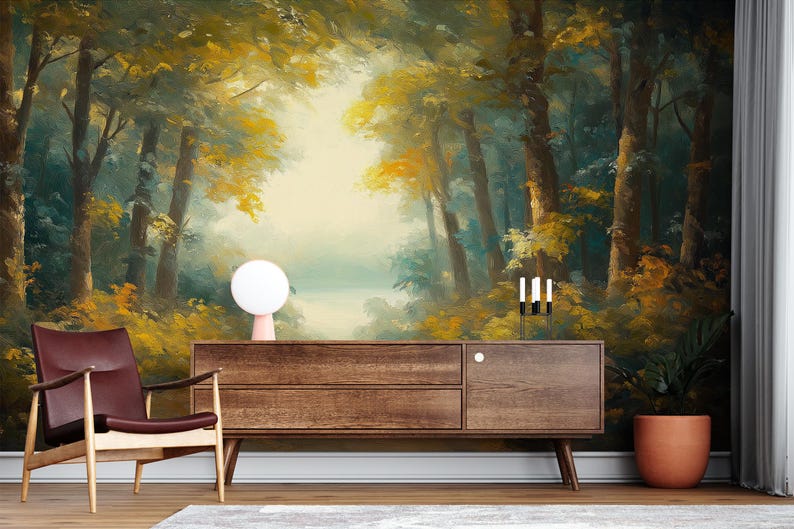 Forest Wallpaper Mural – Autumn Trees Path, Nature Wall Art, Woodland ...