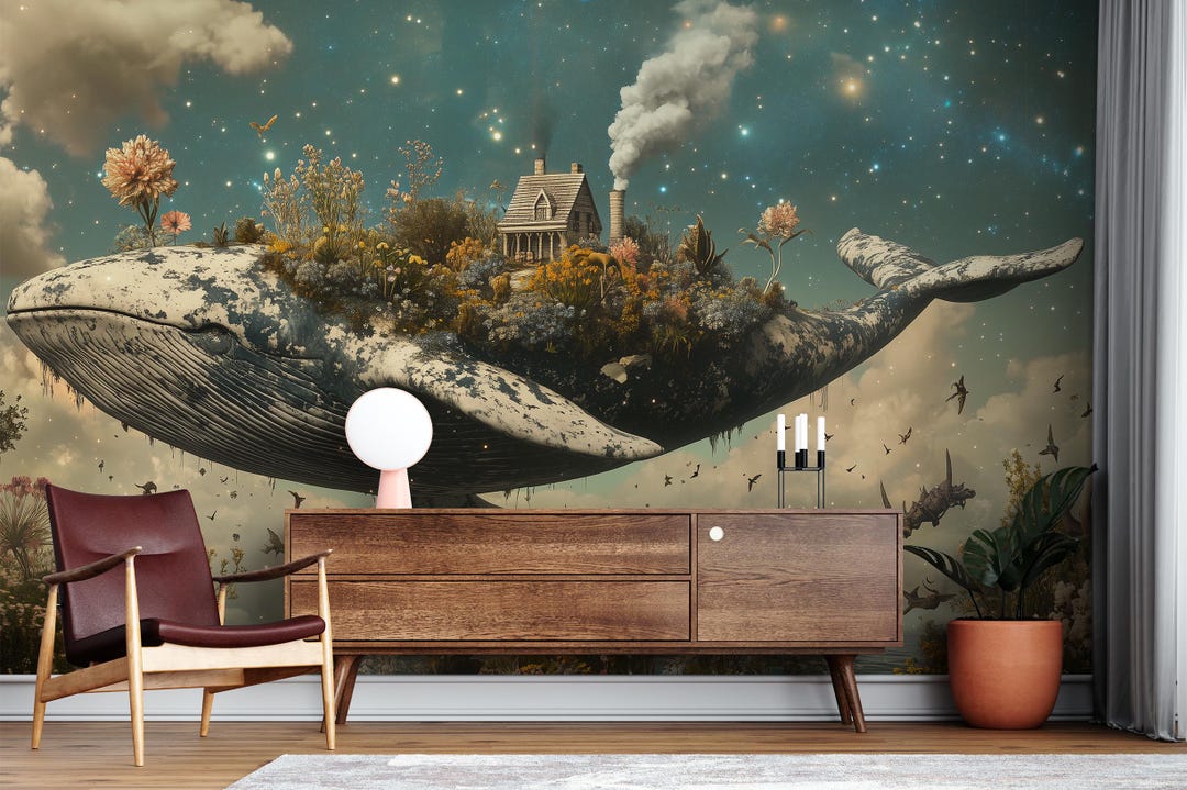 Fantasy Whale Wallpaper Mural: Surreal Cottage Sky Wall Art - Etsy