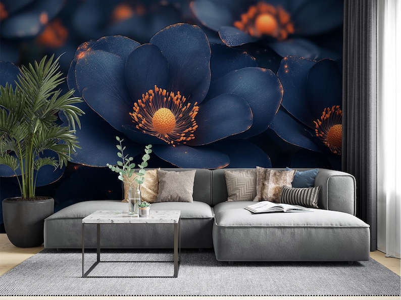 Midnight Blue Floral Wallpaper: Moody Botanical Wall Mural - Etsy