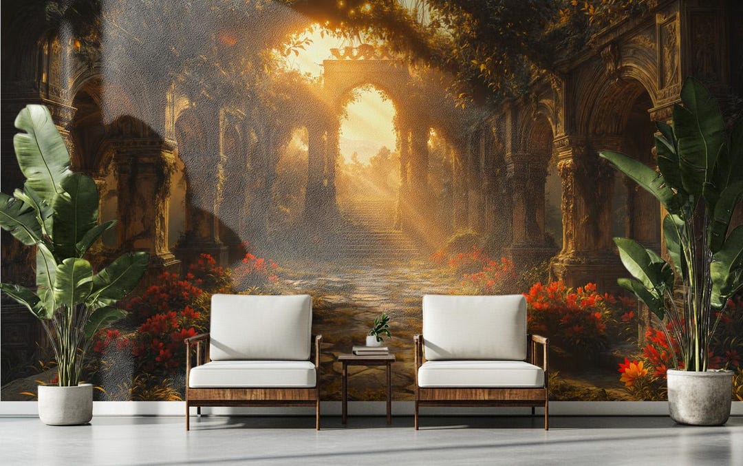 Secret Garden Archway Mural: Vintage Ruins Wallpaper With Florals - Etsy