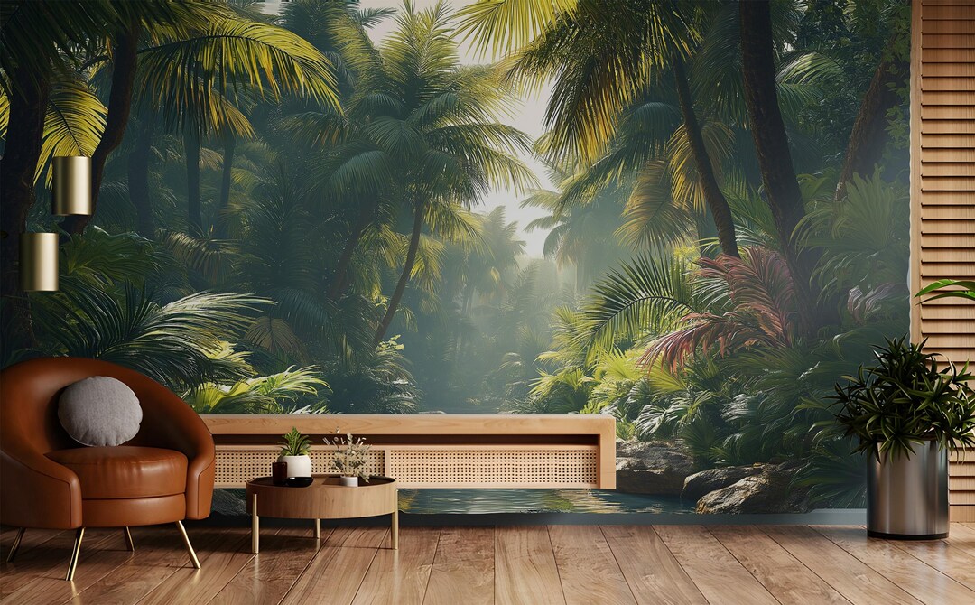 Tropical Forest Wallpaper Mural – Jungle Stream Wall Art, Lush Palm ...