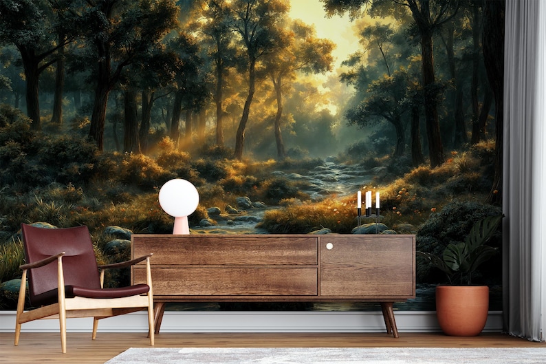 Forest Stream Wallpaper Mural – Golden Woodland Landscape Wall Art ...
