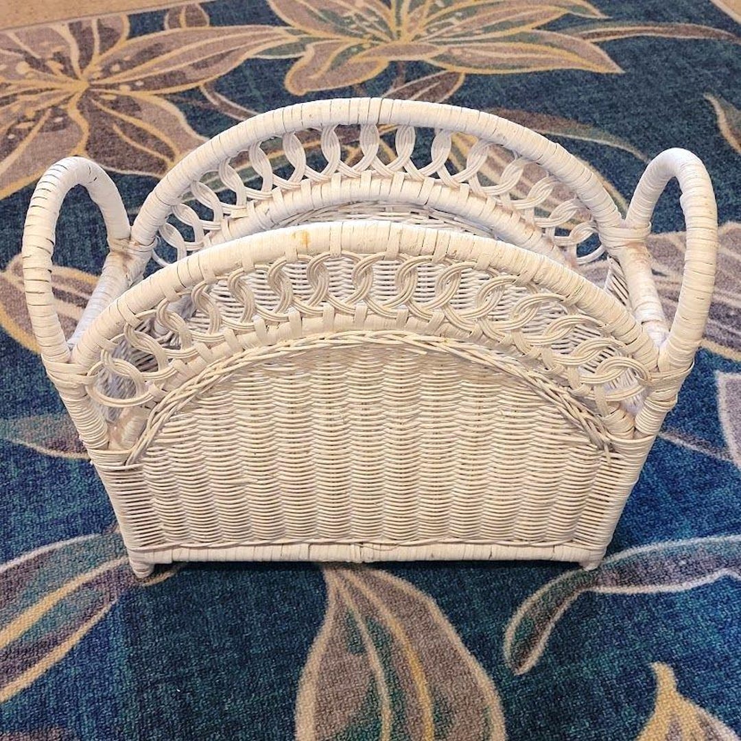 Vintage White Wicker Magazine Rack Weave Design Rattan Storage Boho ...