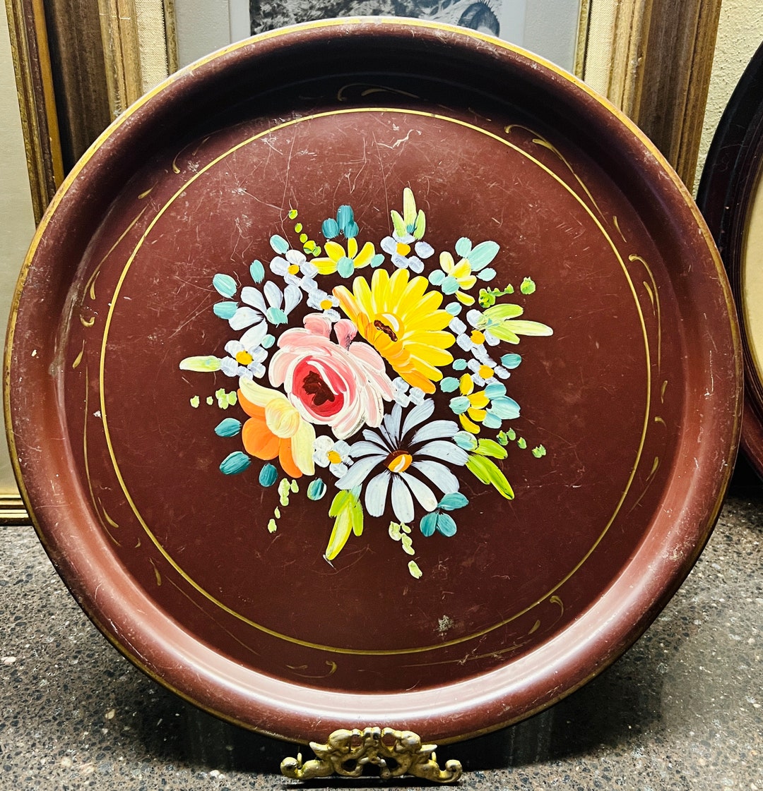 Vintage Hand Painted Round Metal Ware Tray With Floral Motif - Etsy