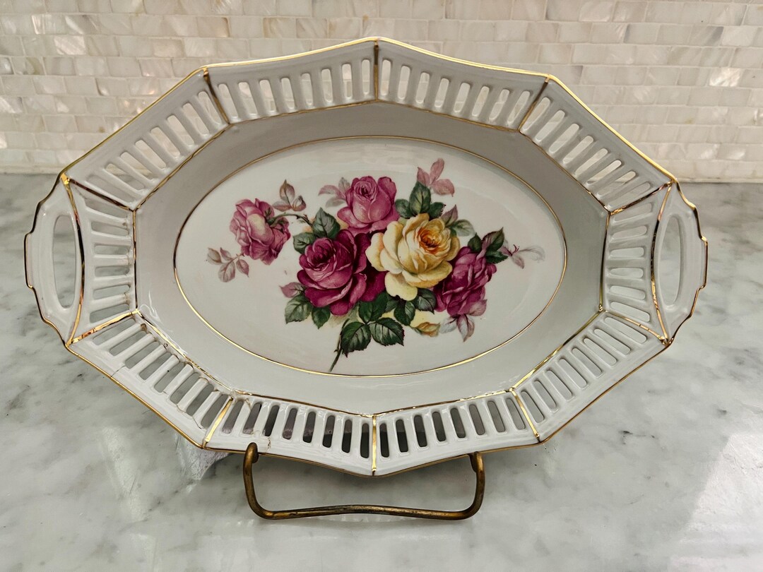 Schumann Bavaria Reticulated Oval Dish, Rose Pattern, Gold Trim ...