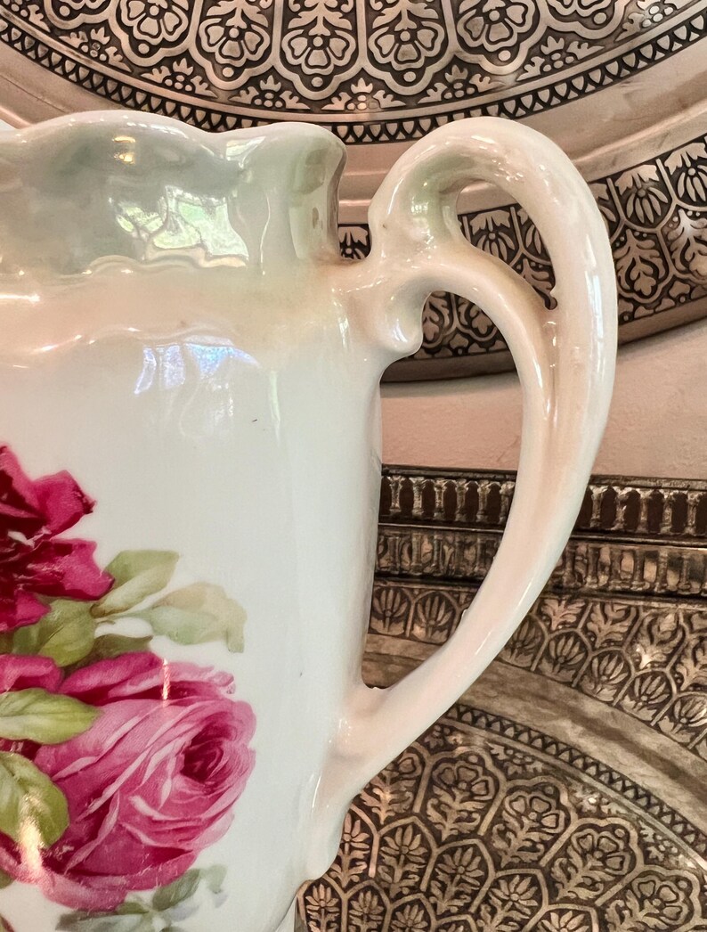 Vintage Lusterware Medium Sized Pitcher, Rose Motif, Fancy Handle ...