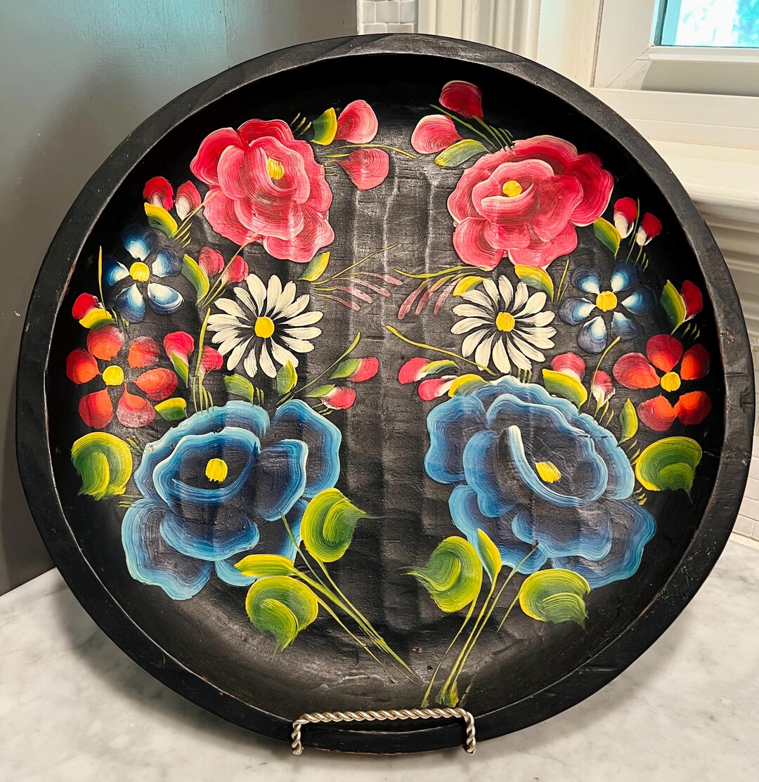 Mexican Wooden Batea Bowl - GORGEOUS Hand Carved, Hand Painted Floral ...