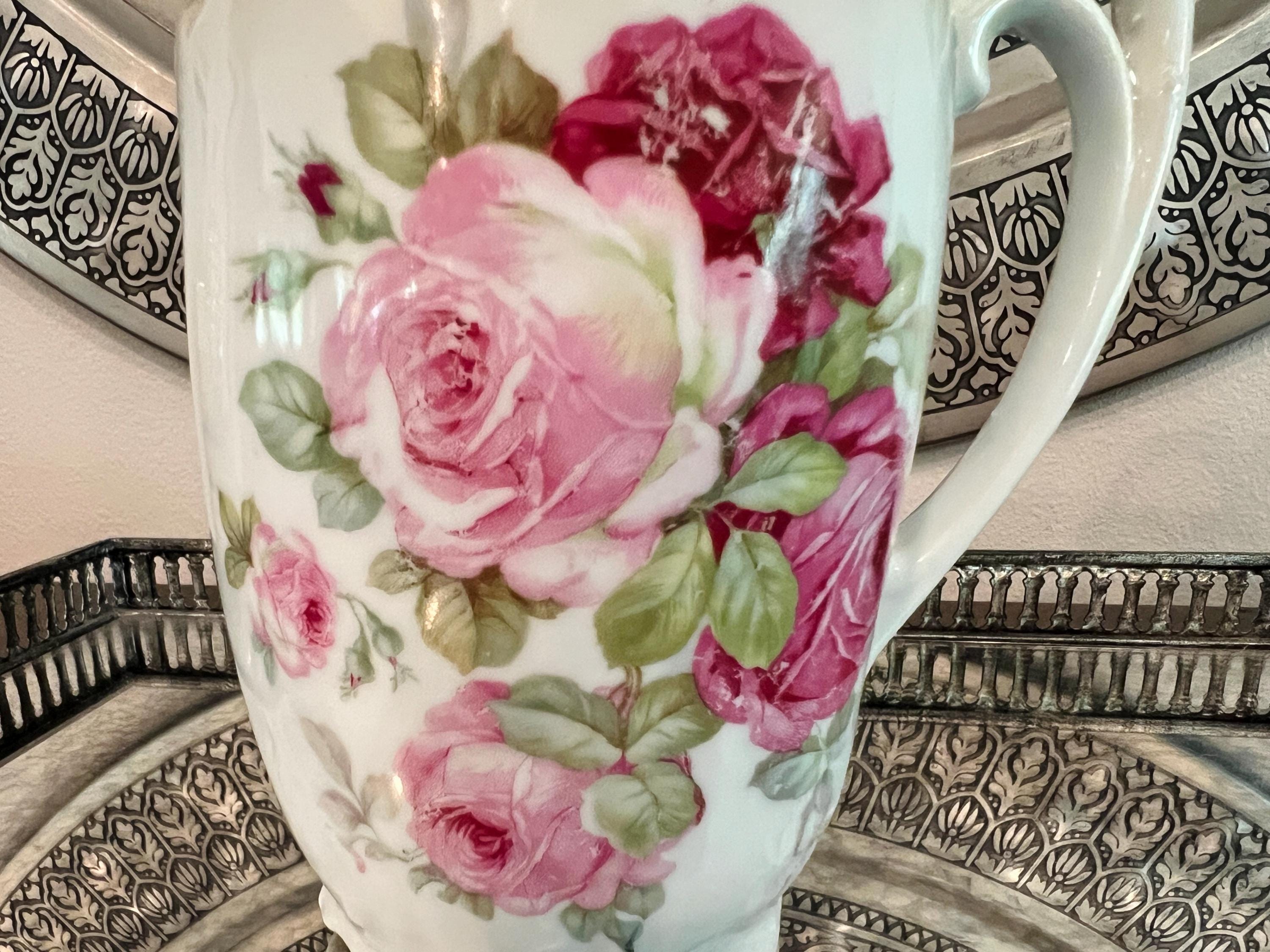 Vintage Lusterware Medium Sized Pitcher, Rose Motif, Fancy Handle ...