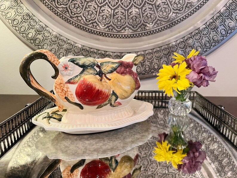 BICO China Harvest Gravy Boat & Matching Tray, Fruit, Flower Embossing ...