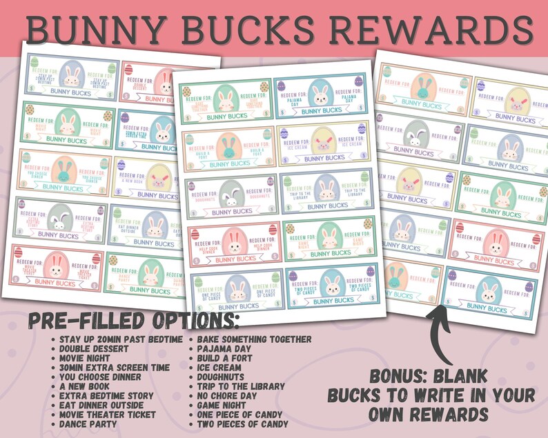 Bunny Bucks Reward Printable, Kids Easter Basket Stuffers, Easter Egg ...