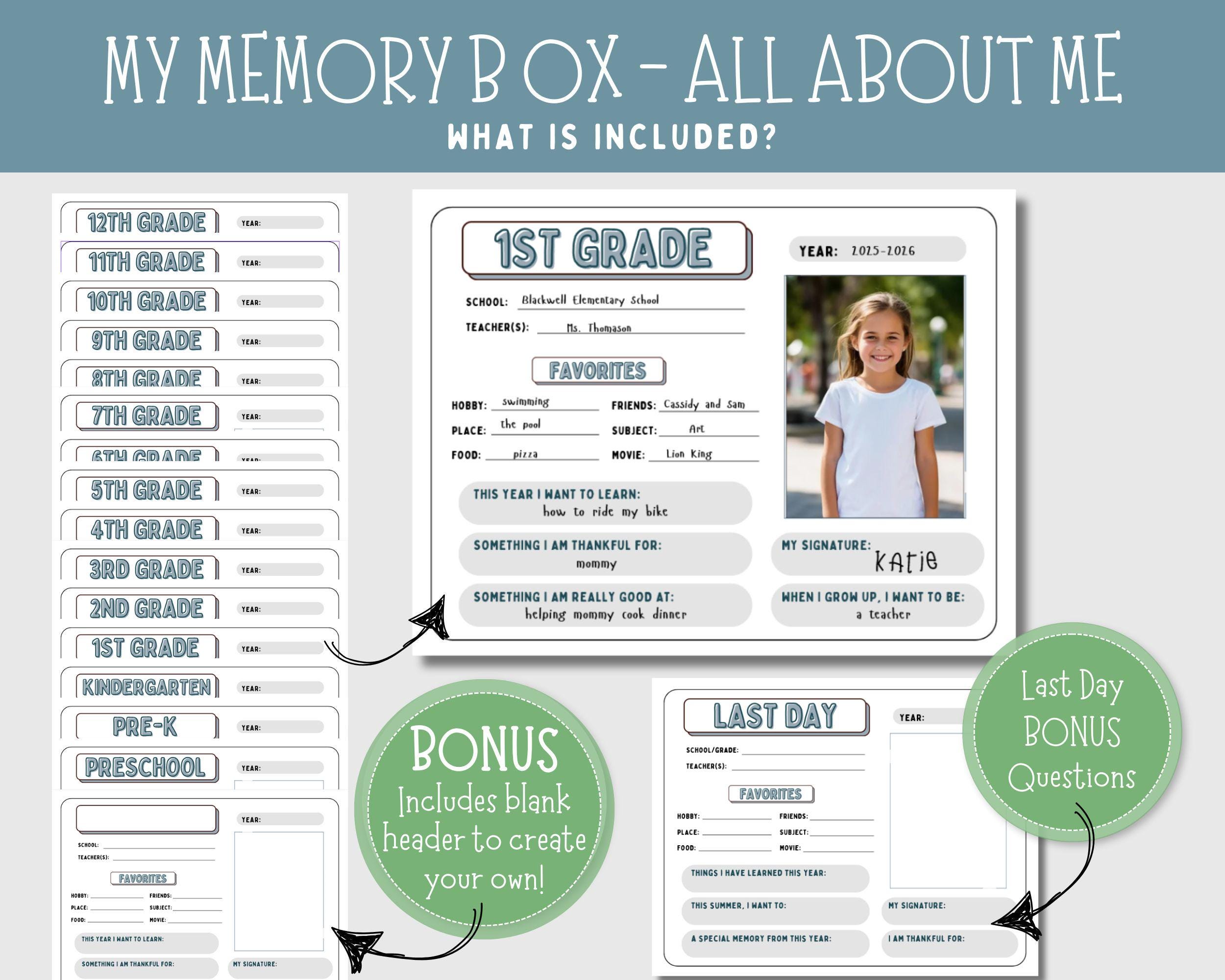 School Memory Box File, Printable Kids Interview Questions, First Last ...