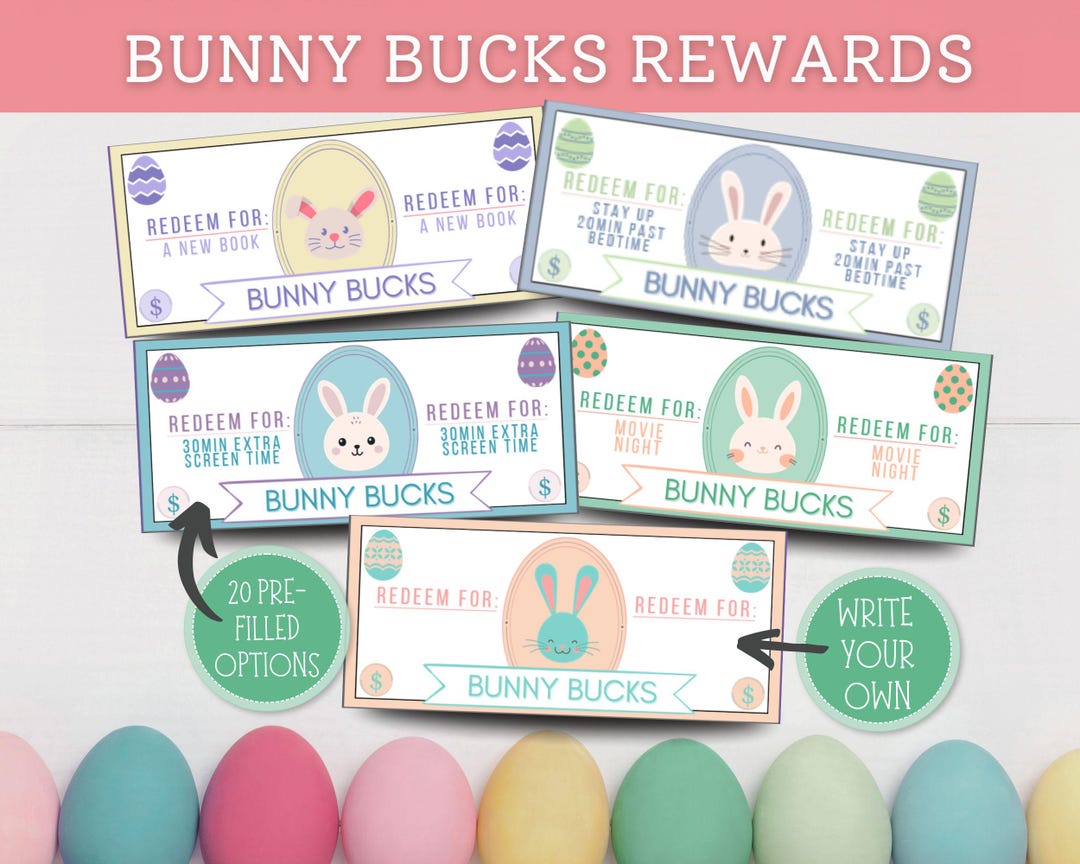 Bunny Bucks Reward Printable, Kids Easter Basket Stuffers, Easter Egg ...