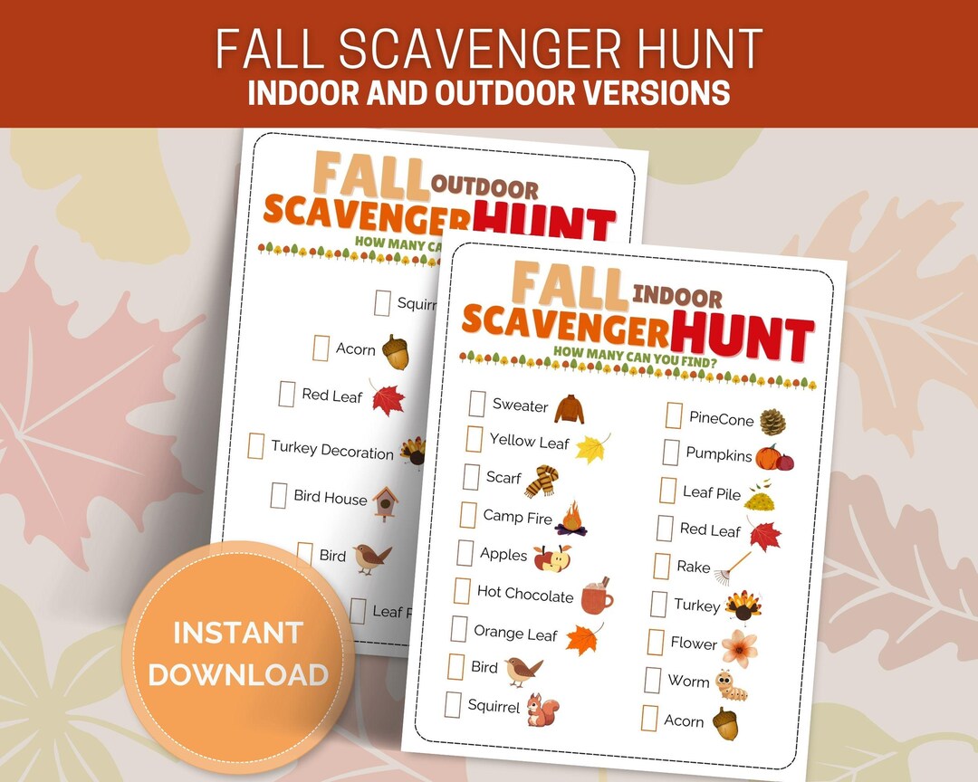 Fall Scavenger Hunt Printable, Indoor Outdoor, Autumn Treasure Hunt ...