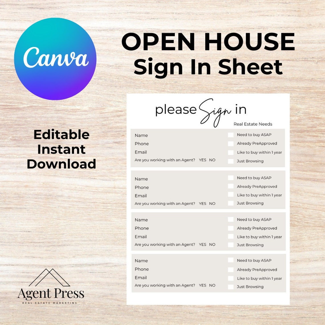 Open House Sign in Sheet for Real Estate Edit in Canva Realtor ...