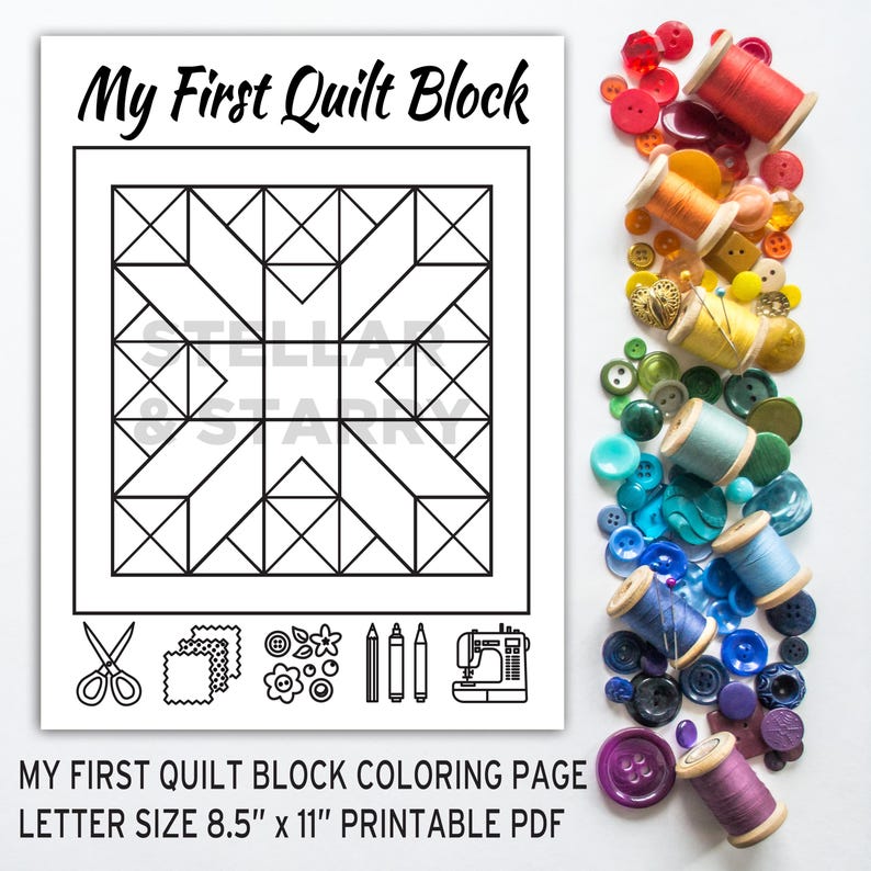Quilt Block Flower Coloring Page: Beginner Quilters, Kids Craft (PDF ...