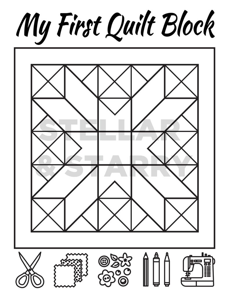 Quilt Block Flower Coloring Page: Beginner Quilters, Kids Craft (PDF ...