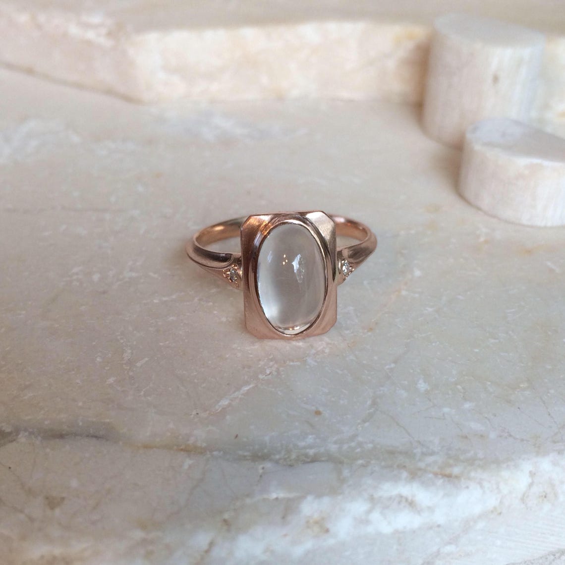 14k Rose Gold Crystal Ball Ring With Moonstone Oval and 2 | Etsy