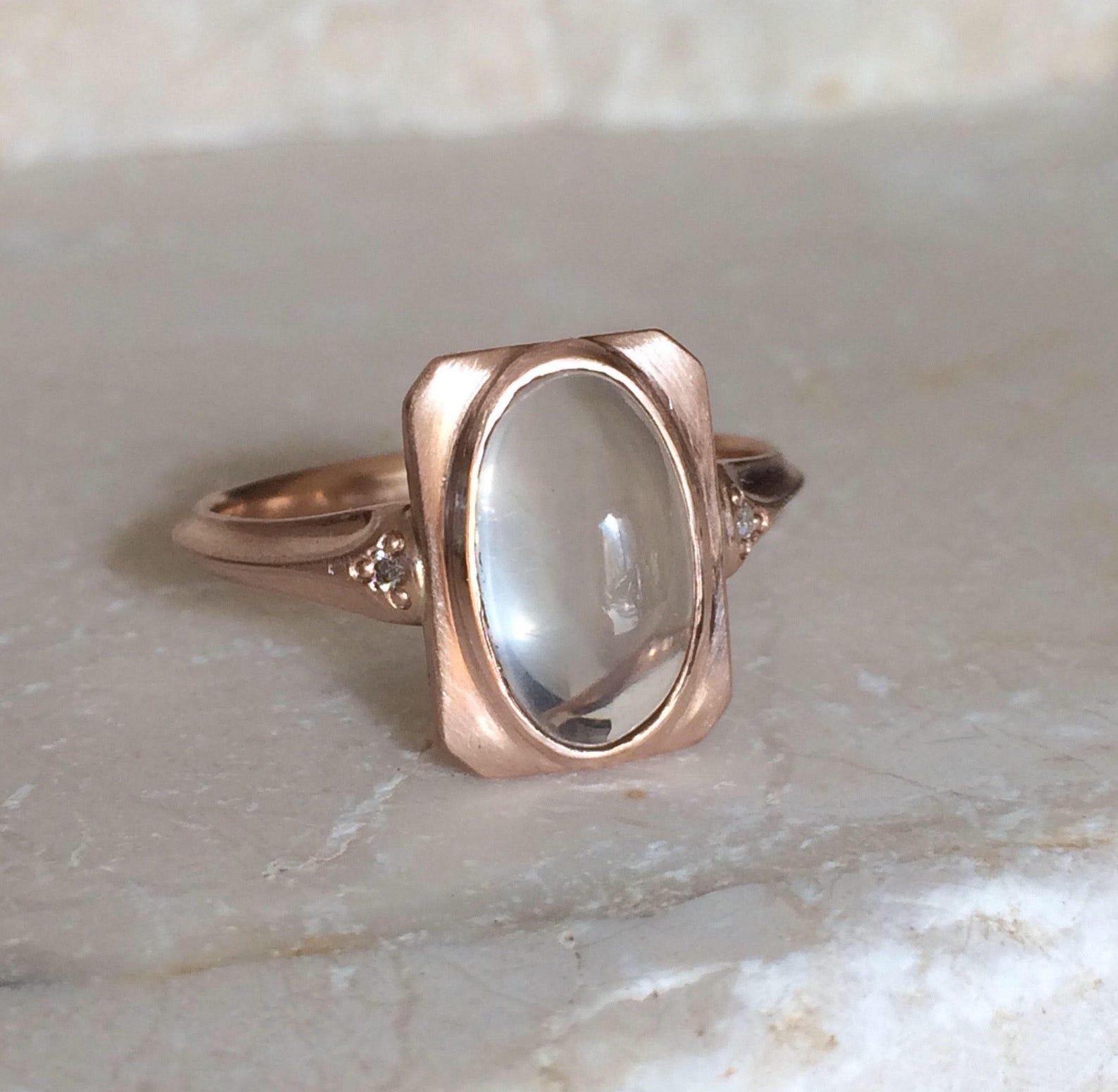 14k Rose Gold Crystal Ball Ring With Moonstone Oval and 2 | Etsy
